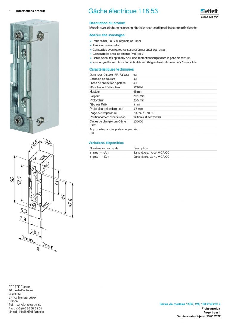 gâche électrique eff eff 118.53 A71 émission profix 10-24 v - Thoumyre.fr